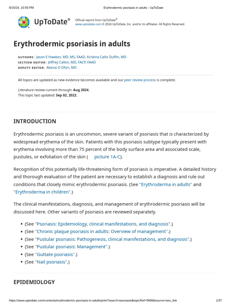 Erythrodermic psoriasis in adults - UpToDate | PDF | Psoriasis | Immunology