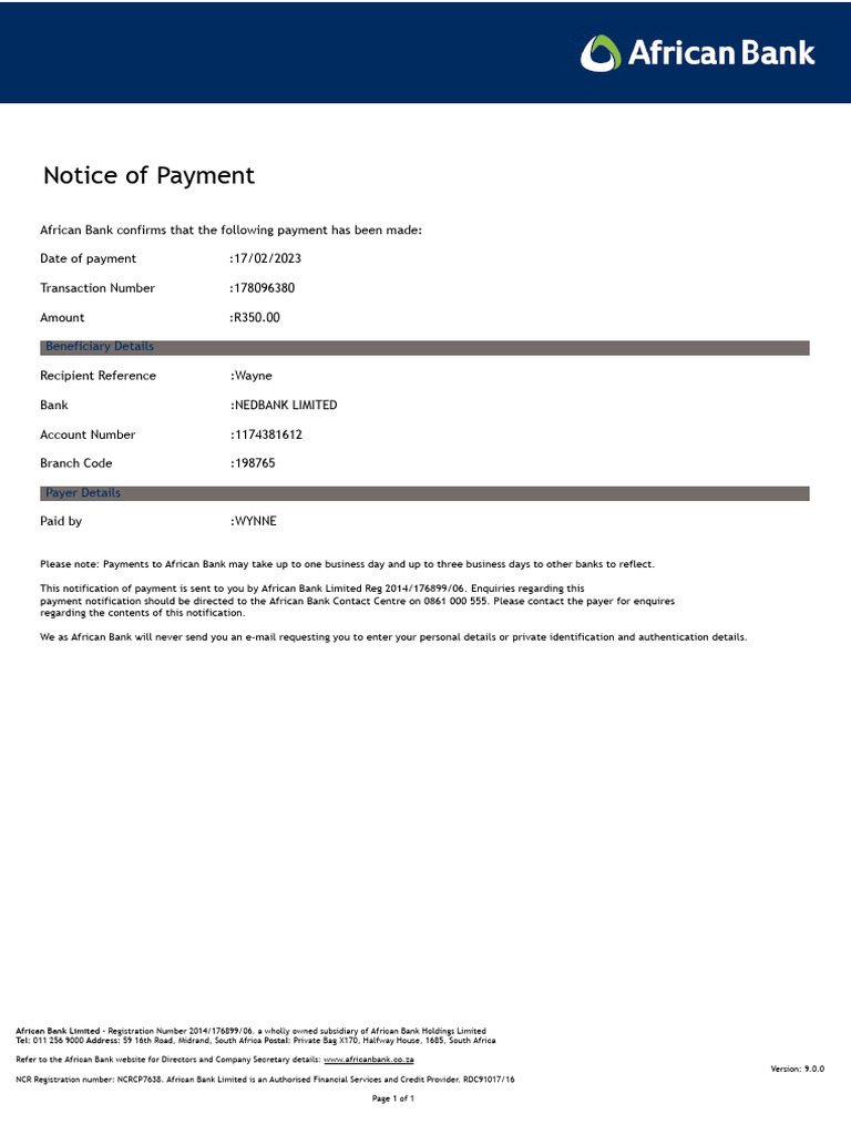 African Bank Payment Notification Details | PDF | Business | Finance ...