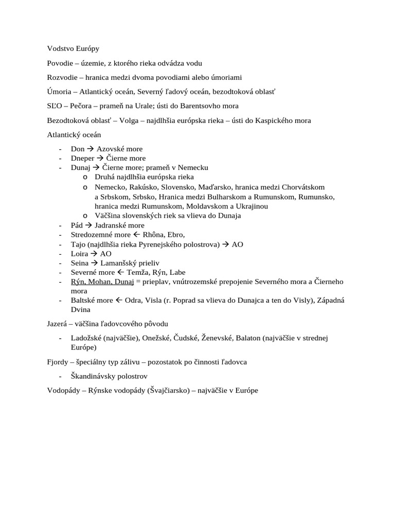 Vodstvo Európy POZNÁMKY | PDF
