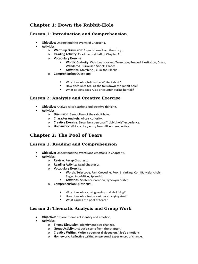 Alice. Lesson Planning + Exercises | PDF | Alice (Alice's Adventures In ...