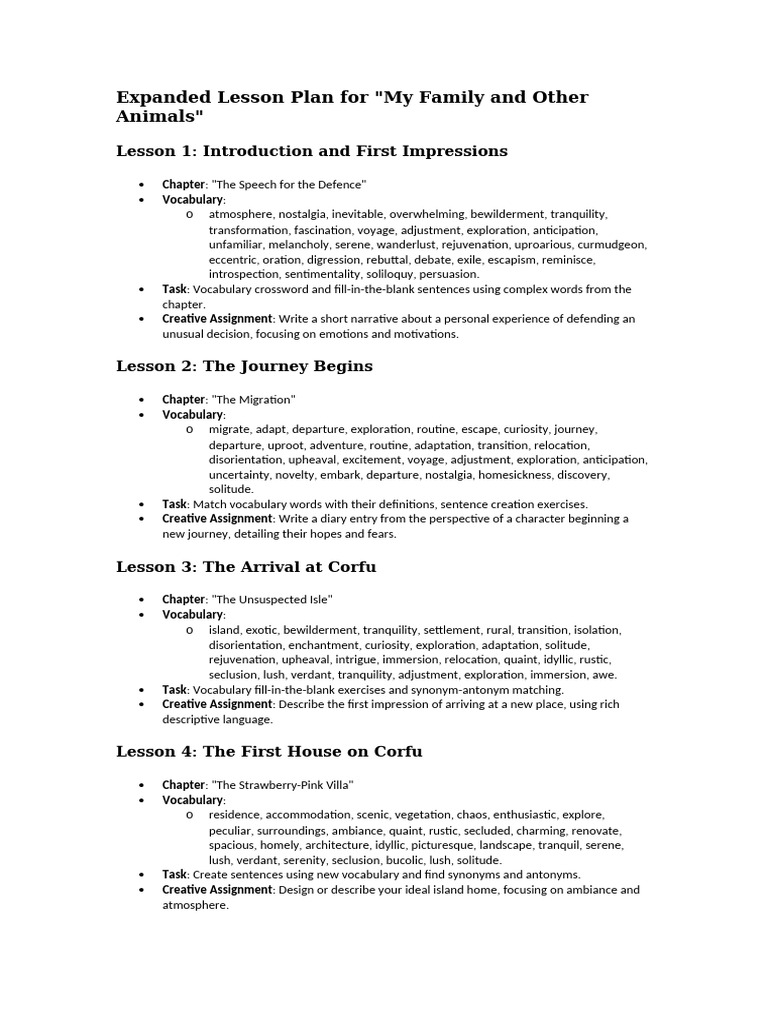 Lesson Plans for "My Family and Other Animals" | PDF | Nature | Earth ...