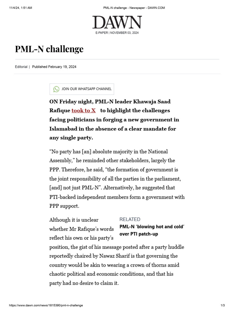 PML-N Challenge - Newspaper | PDF | Nawaz Sharif | Political Events