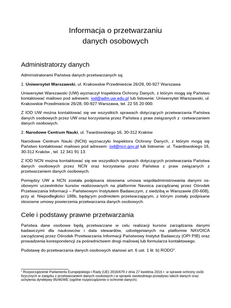 Klauzula Informacyjna NCN UW | PDF