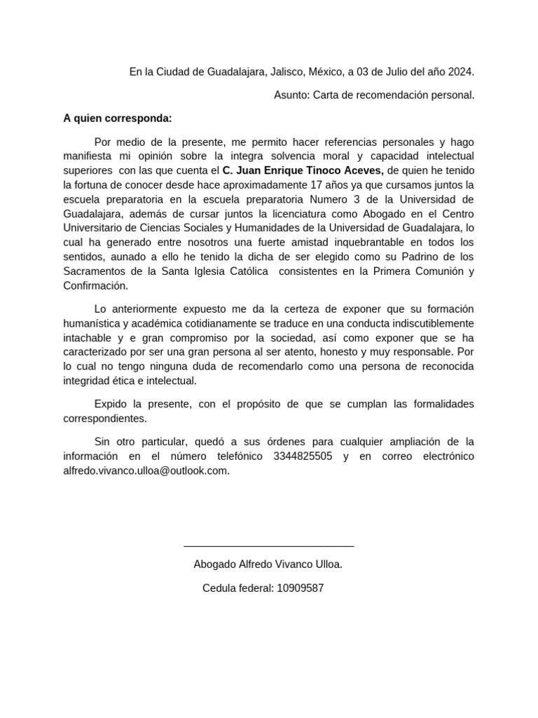 Carta de Recomendacion Personal Tinoco | PDF