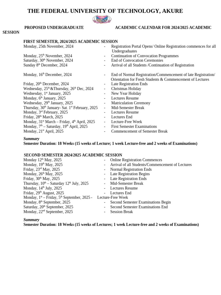 FUTA Academic Calendar 2024/2025 | PDF | Academic Term