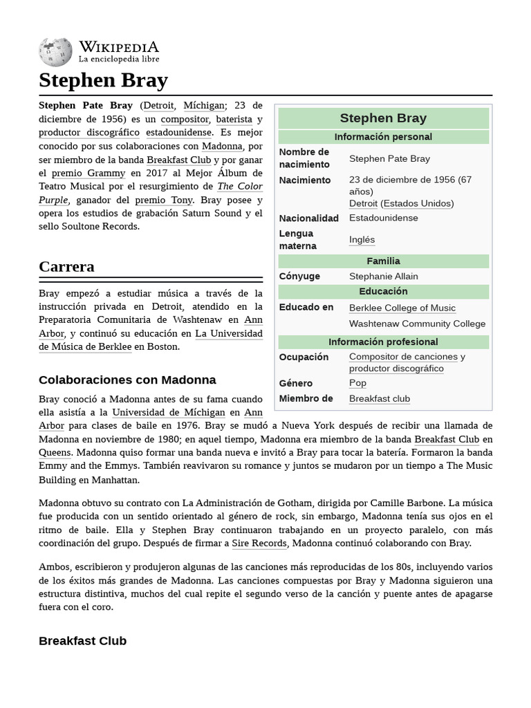 Stephen Bray: Carrera | PDF | Grabación de sonido | Industria de la música