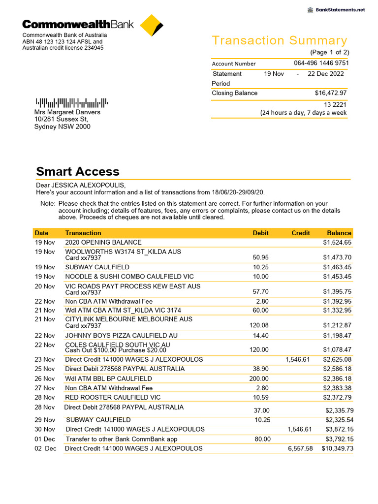 Commonwealth Bank Statement 06/20-09/20 | PDF | Debit Card | Credit Card