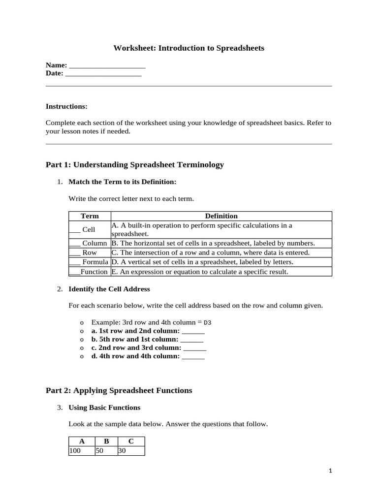 Spreadsheet Worksheet Obj. 1 - 3 | PDF | Spreadsheet | Worksheet