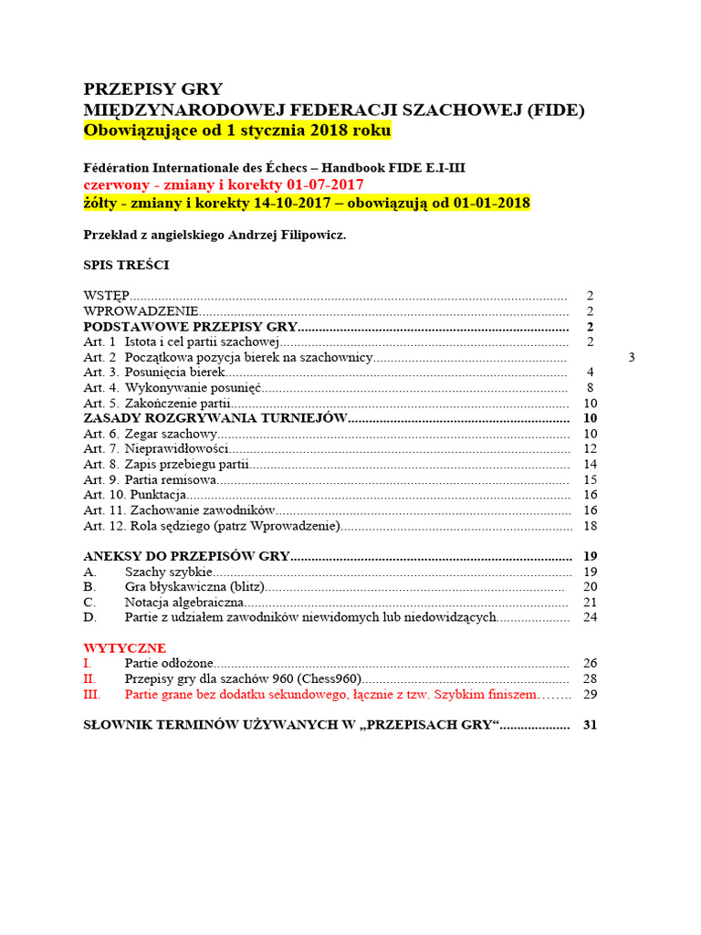 2018-01-01-Polska Wersja FIDE Rules Ważne Od 1 I 2018 | PDF