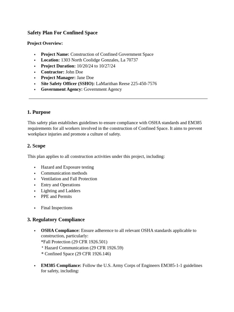 Safety Plan Template Confined Space | PDF | Personal Protective ...