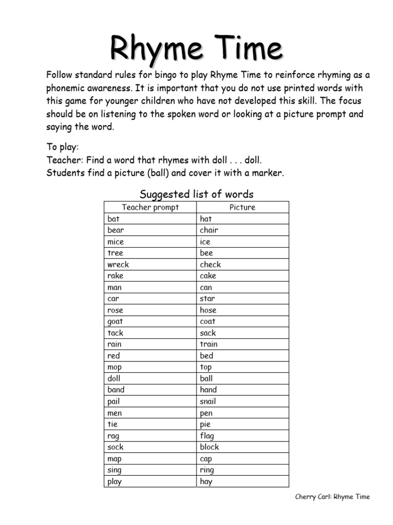 Rhyme Time Bingo Game Guide | PDF