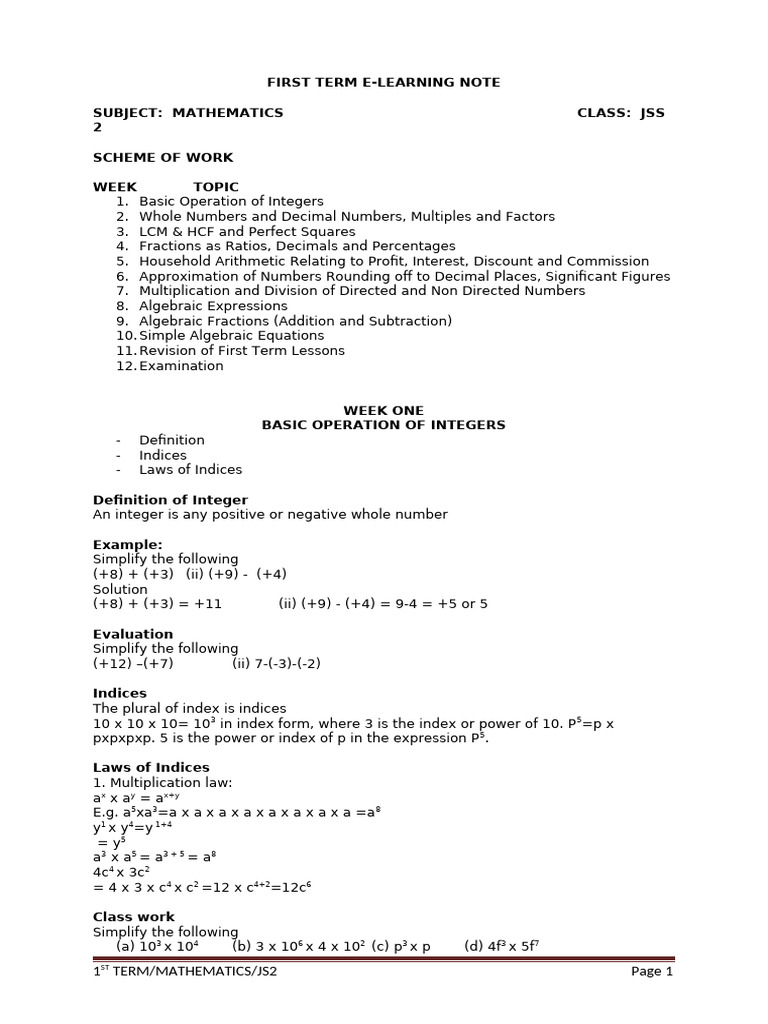 First Term Jss2 Mathematics | PDF | Integer | Numbers