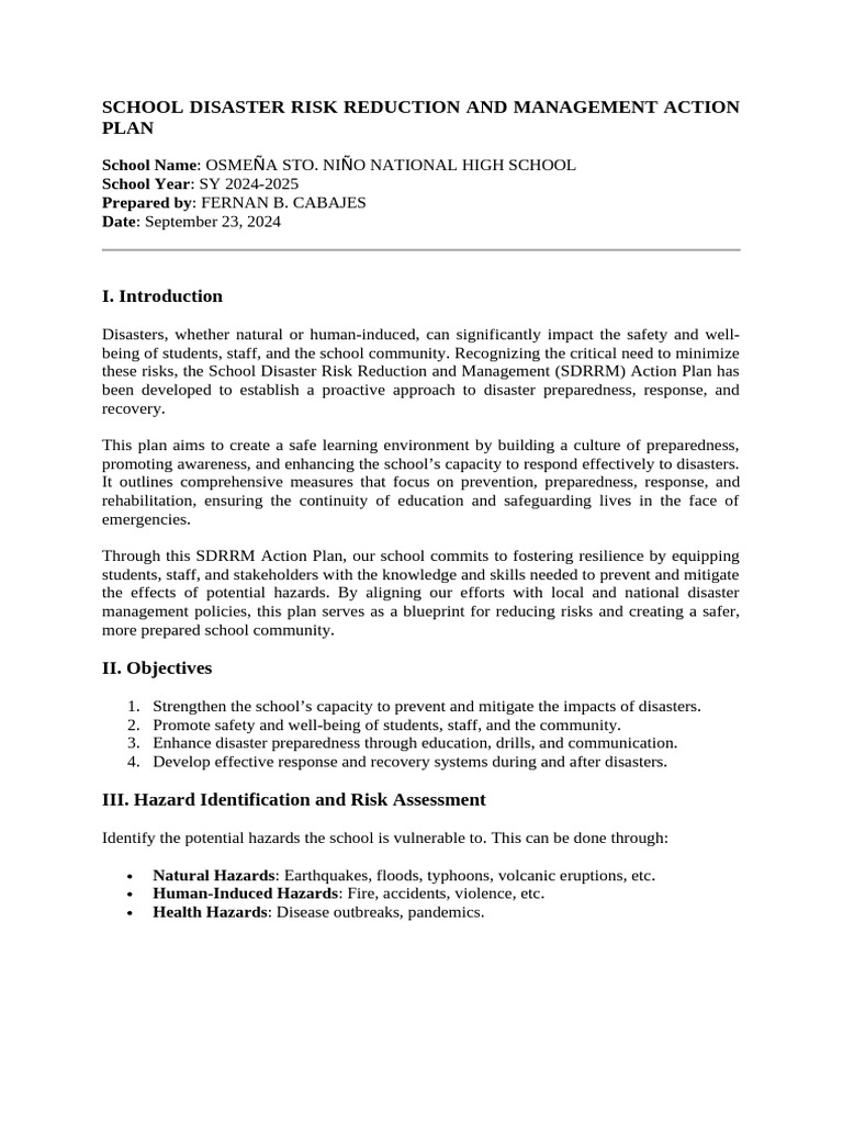 School Disaster Risk Reduction and Management Action Plan | PDF ...