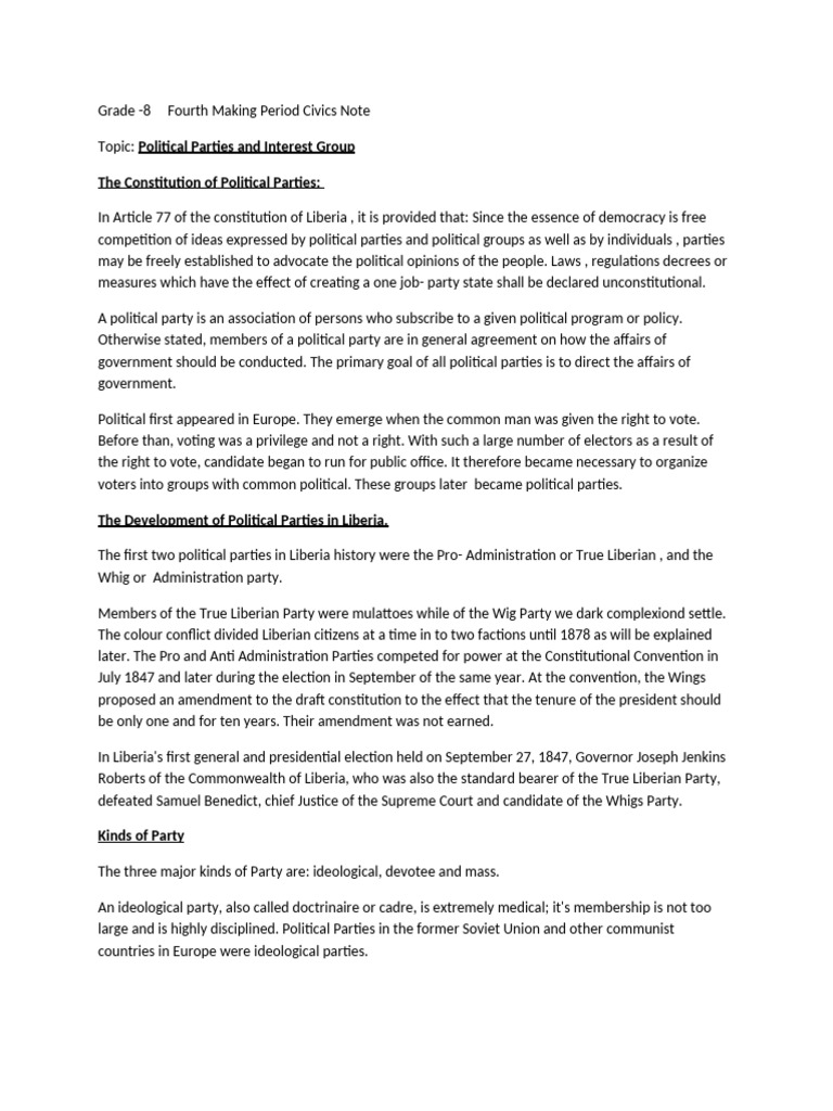 Grade -8 Civics Note | PDF | Political Parties | Liberia