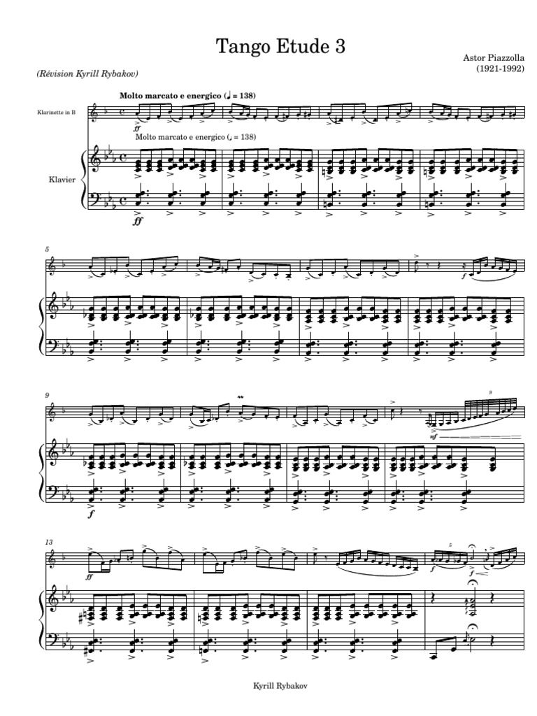 Astor Piazzolla - Tango Etude 3. Klarinette Und Klavier Orig. C-Moll-Partytura I Partie | PDF