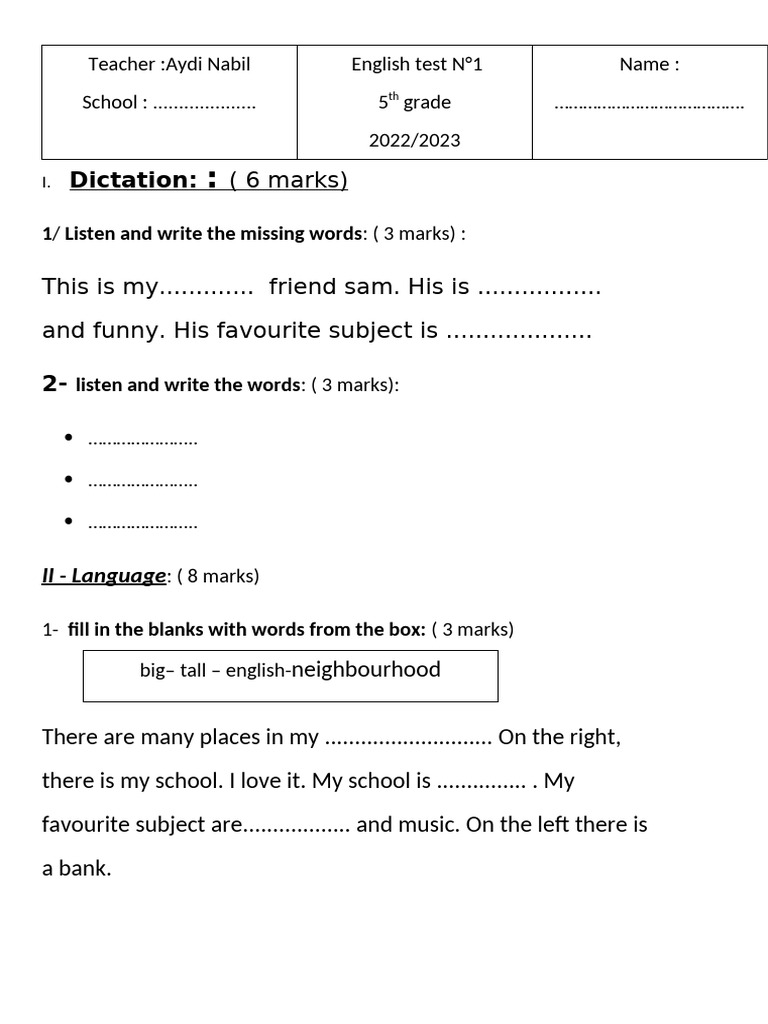 English test 5th g | PDF | Human Communication | Linguistics