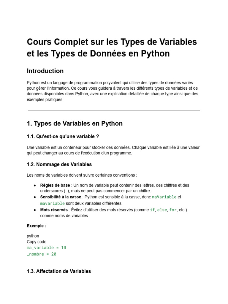 Cours Complet Sur Les Types de Variables Et Les Types de Données en Python | PDF | Python ...