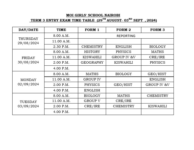 ENTRY TERM 3 F1-F3 EXAM TIME TABLE -2024 | PDF
