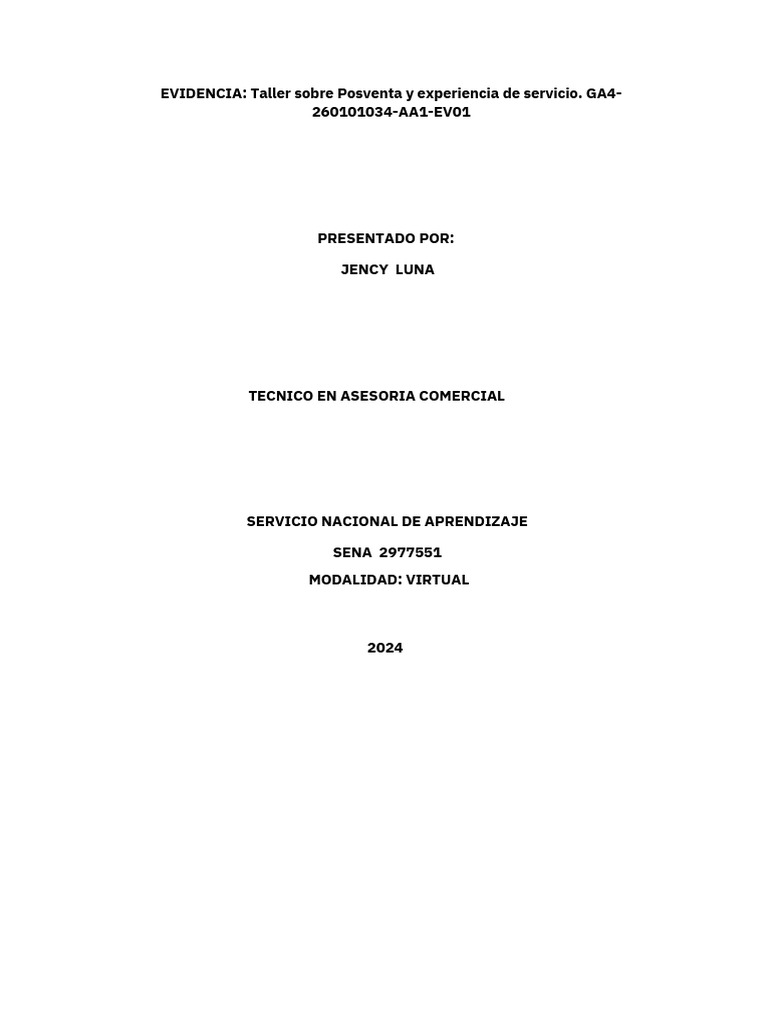 Taller Sobre Posventa y Experiencia de Servicio Ga4 260101034 Aa1 Ev01 PDF | PDF | Experiencia ...