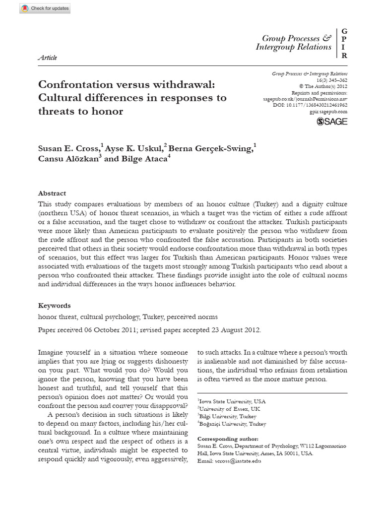 Cross Et Al 2012 Confrontation Versus Withdrawal Cultural Differences ...