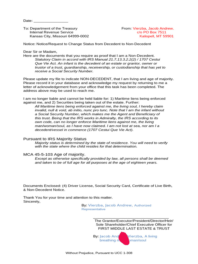 Non-Decedent Status Request to IRS | PDF | Internal Revenue Service ...