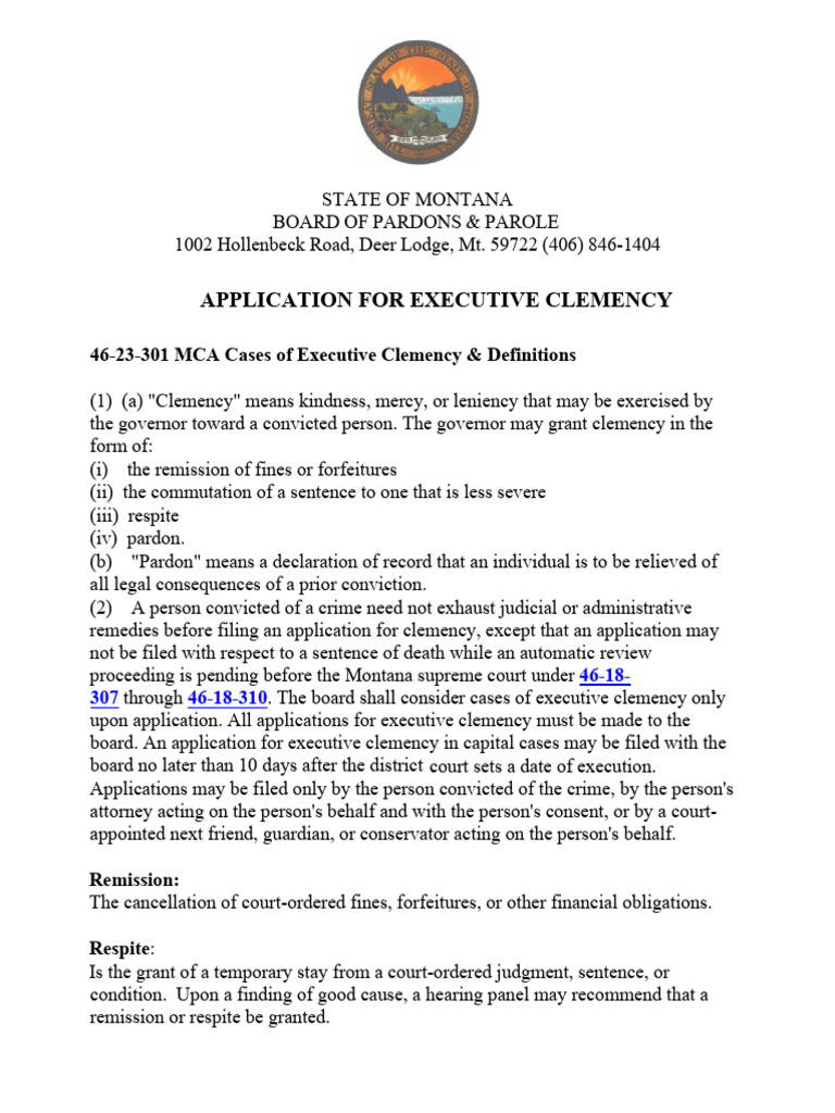 Montana Clemency Application | PDF | Pardon | Justice