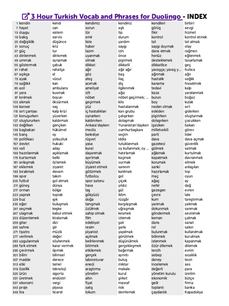 #3 - 3 Hour Turkish Vocab and Phrases For Duolingo | PDF