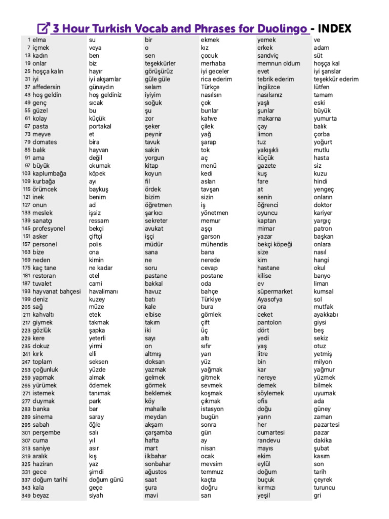 #1 - 3 Hour Turkish Vocab and Phrases For Duolingo | PDF
