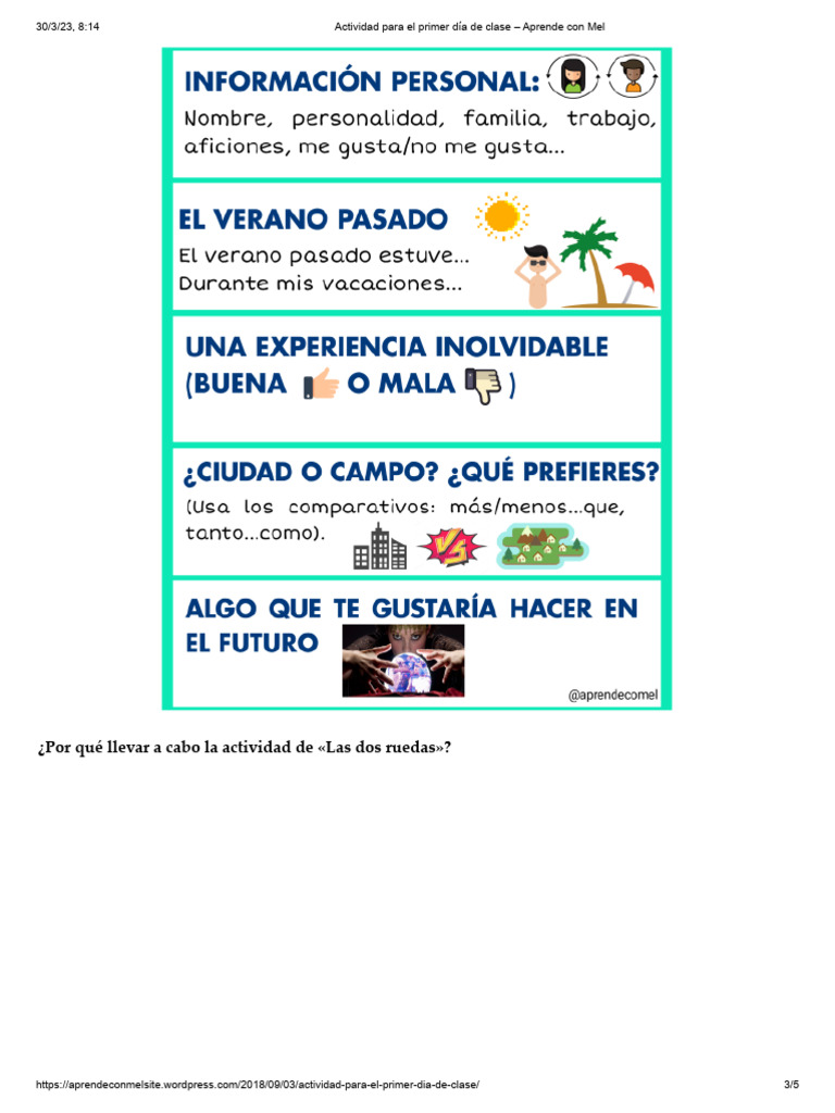1 Actividad para El Primer Día de Clase - Aprende Con Mel | PDF