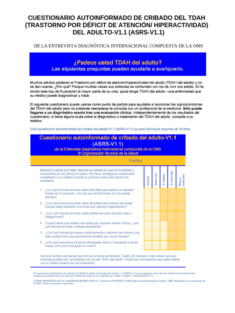 Cuestionario autoinformado de cribado del TDAH | PDF