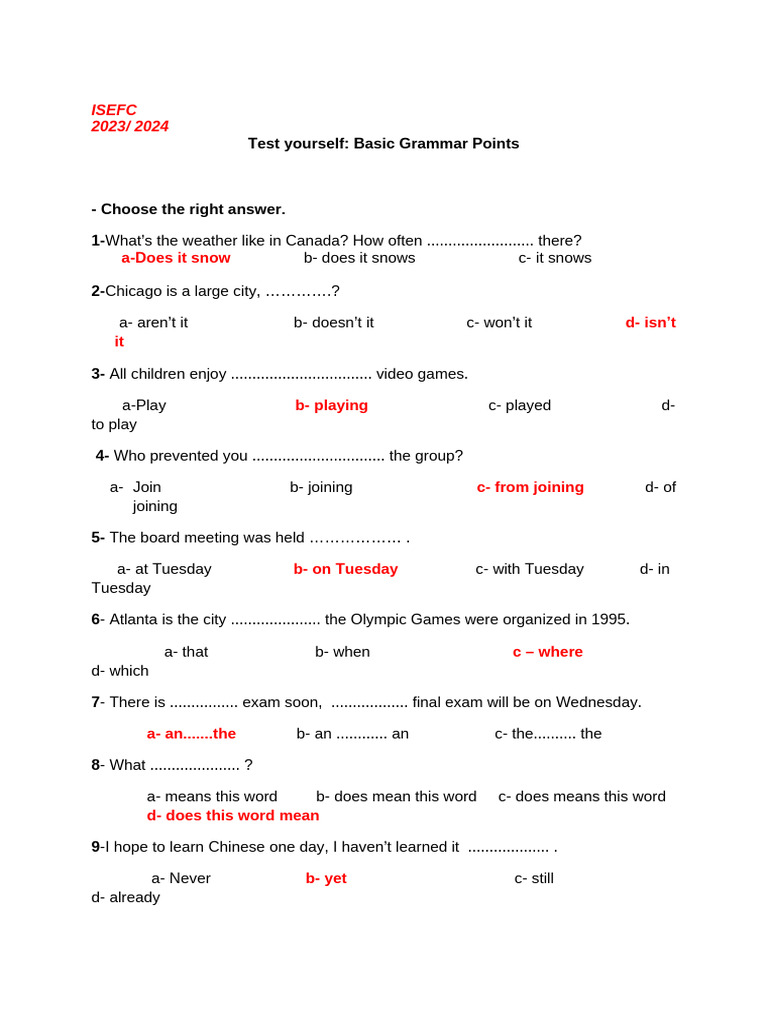 Basic Grammar Test Yourself Quiz | PDF | Sports & Recreation | Home ...
