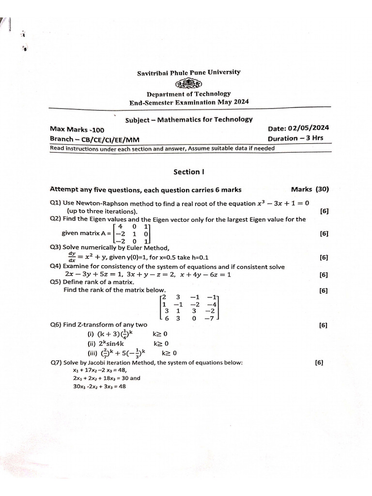 Math's Question Paper May-2024 | PDF