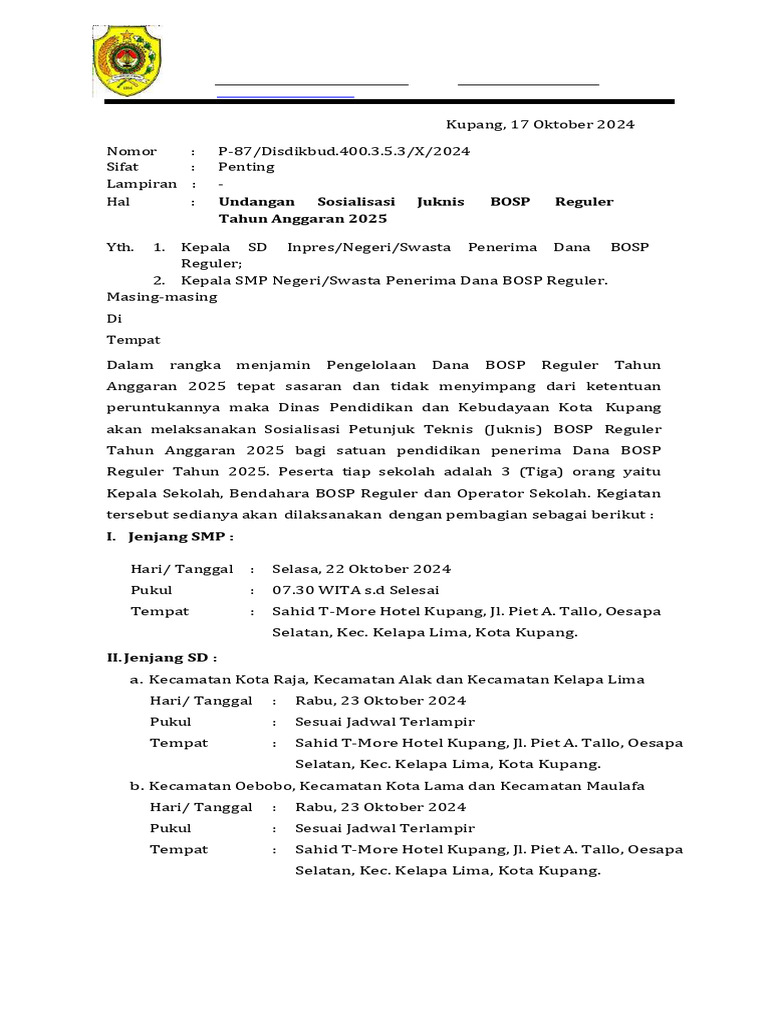 Undangan Sosialisasi Juknis BOSP TA. 2025 OKK | PDF