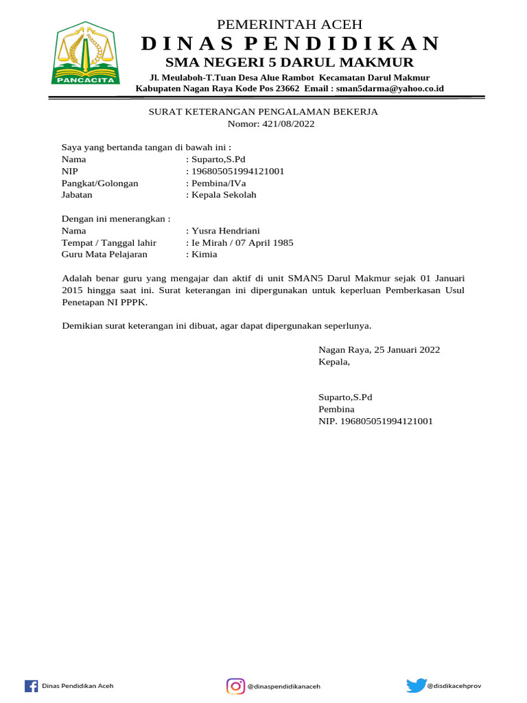 Pengalaman Kerja Yusra | PDF