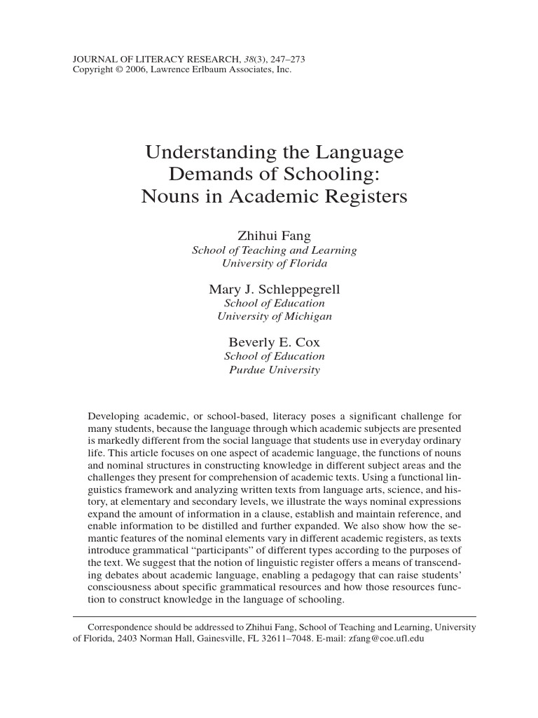 Understanding The Language Demands of Schooling: Nouns in Academic ...