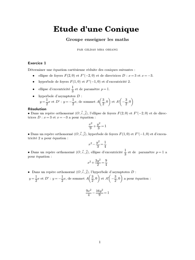 Exercices Corriges Coniques | PDF | Géométrie euclidienne | Géométrie