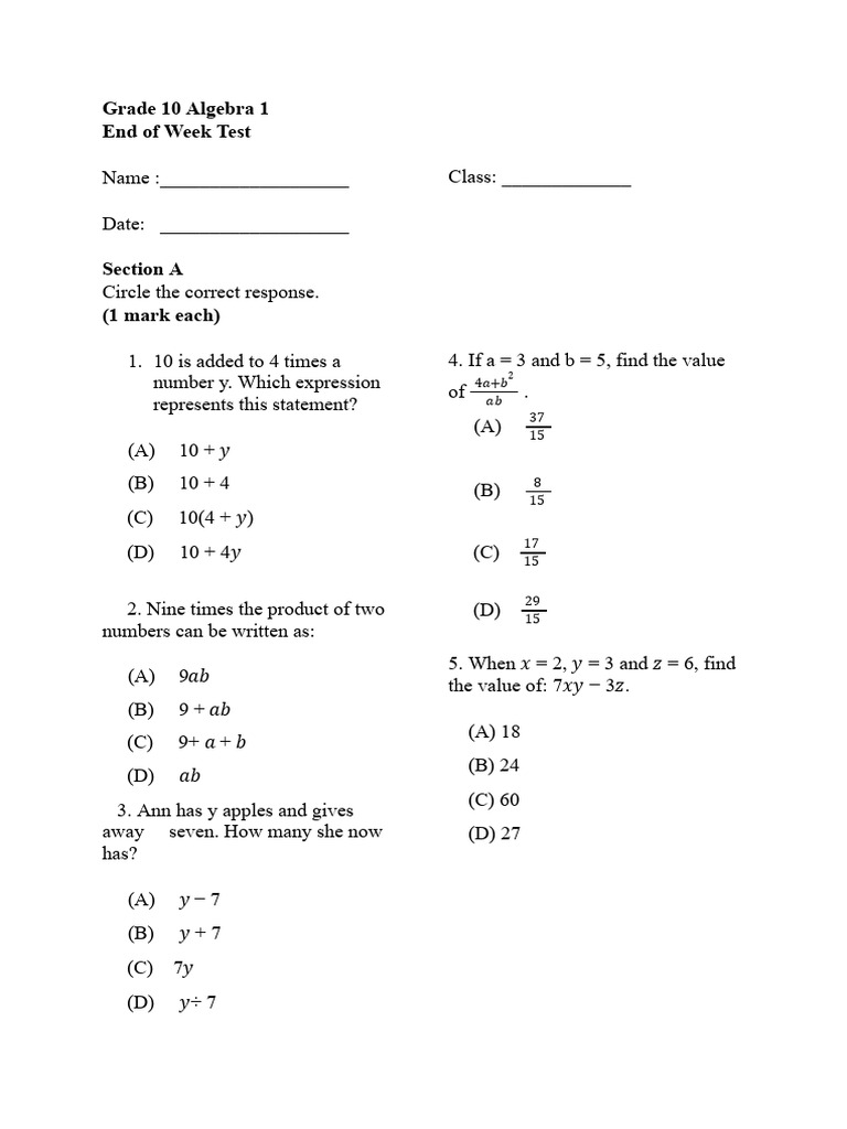 Grade 10 Algebra 1 End of Week Test | PDF | Algebra | Mathematics