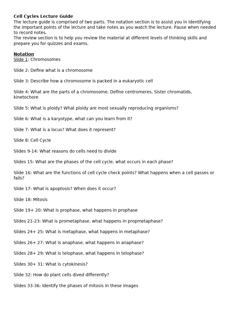 Cell Cycle and Mitosis Lecture Guide | PDF | Mitosis | Genetics