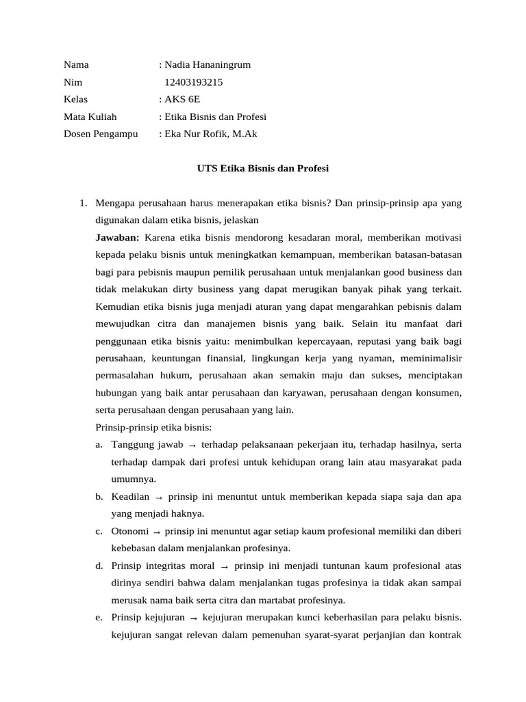 Nadia Hananingrum-12403193215-AKSE-UTS Etika Bisnis Dan Profesi | PDF ...