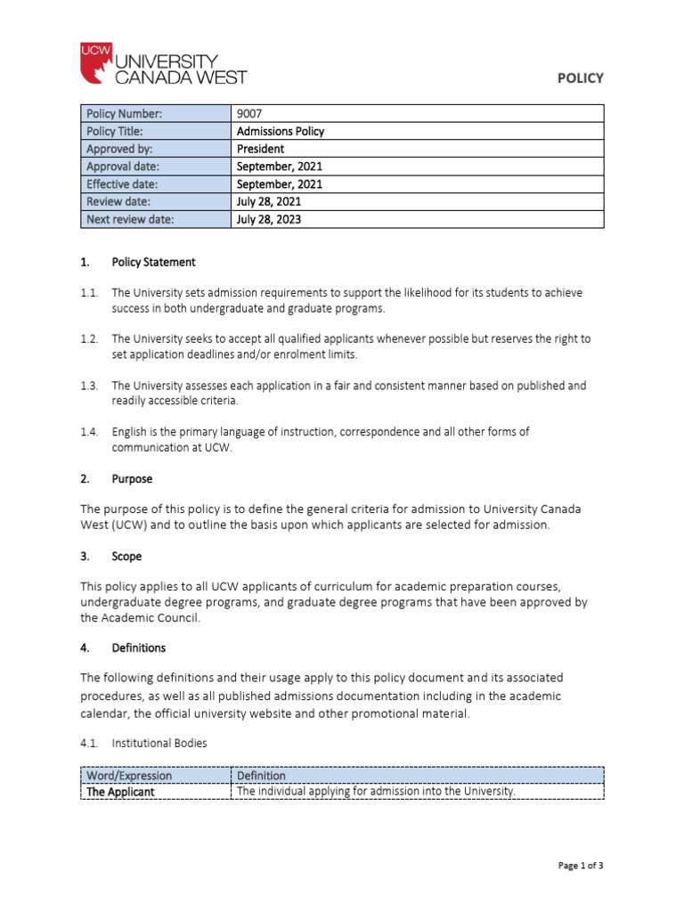 UCW 9007 Admissions Policy | PDF | University And College Admission ...