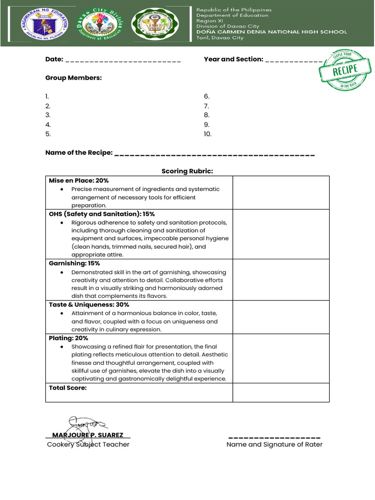 Culinary Recipe Scoring Rubric | PDF