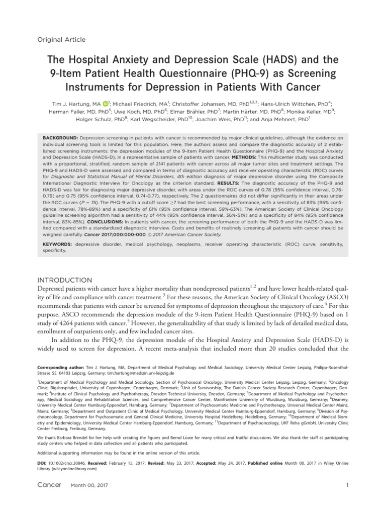 16 PHQ 9 Vs Had Un Depression With Patients With Cancer Usa 2017 | PDF ...