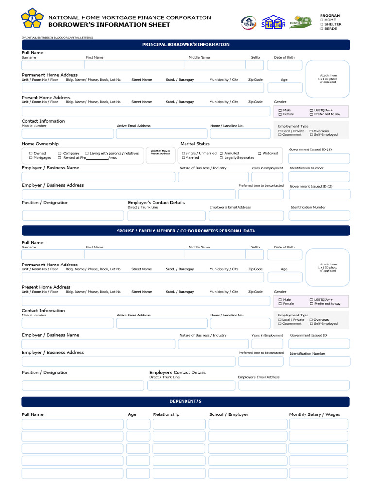 NHMFC Borrower's Information Sheet | PDF | Loans | Employment