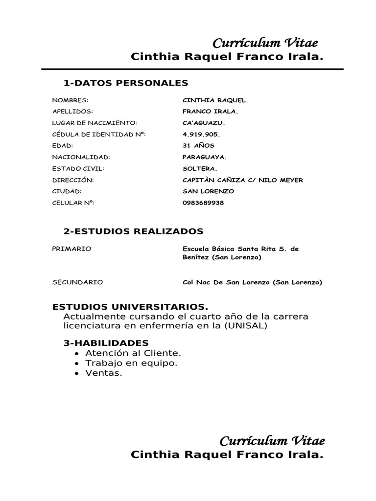 CV de Cinthia Franco Irala | PDF