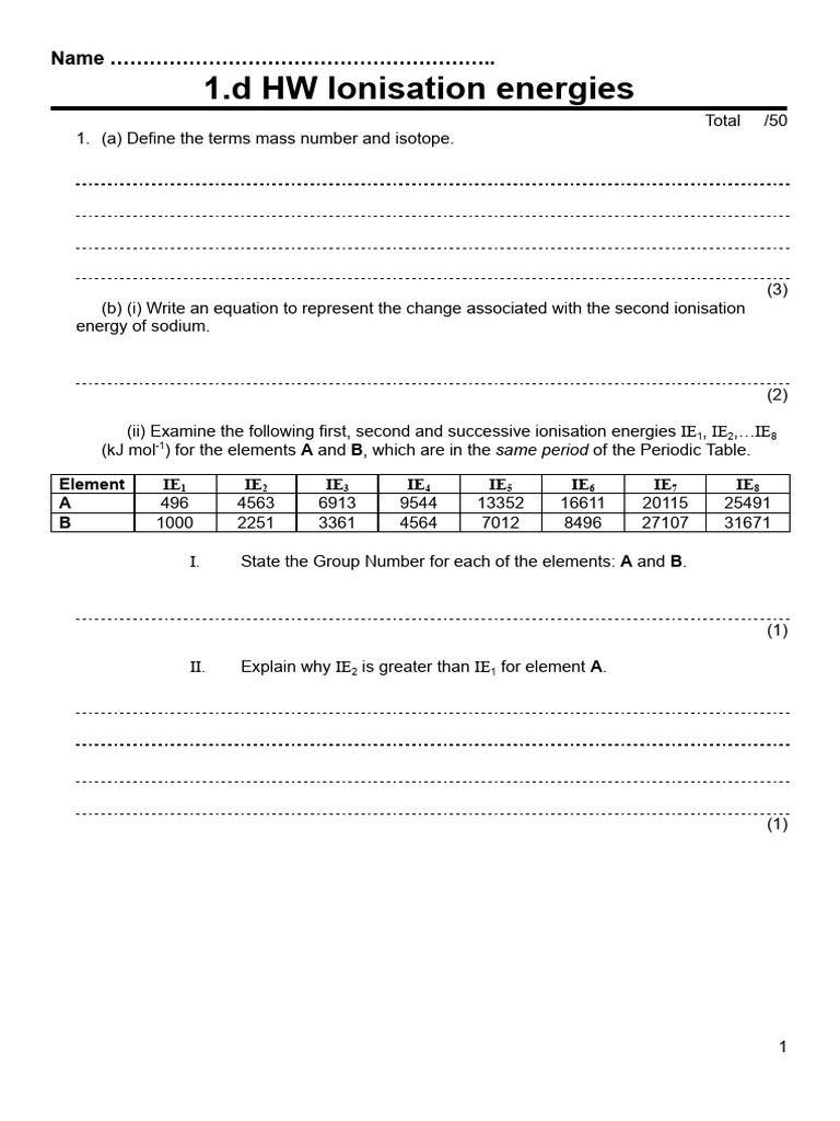 1.d HW Ionisation Energies QUESTIONS | PDF | Periodic Table | Ionization