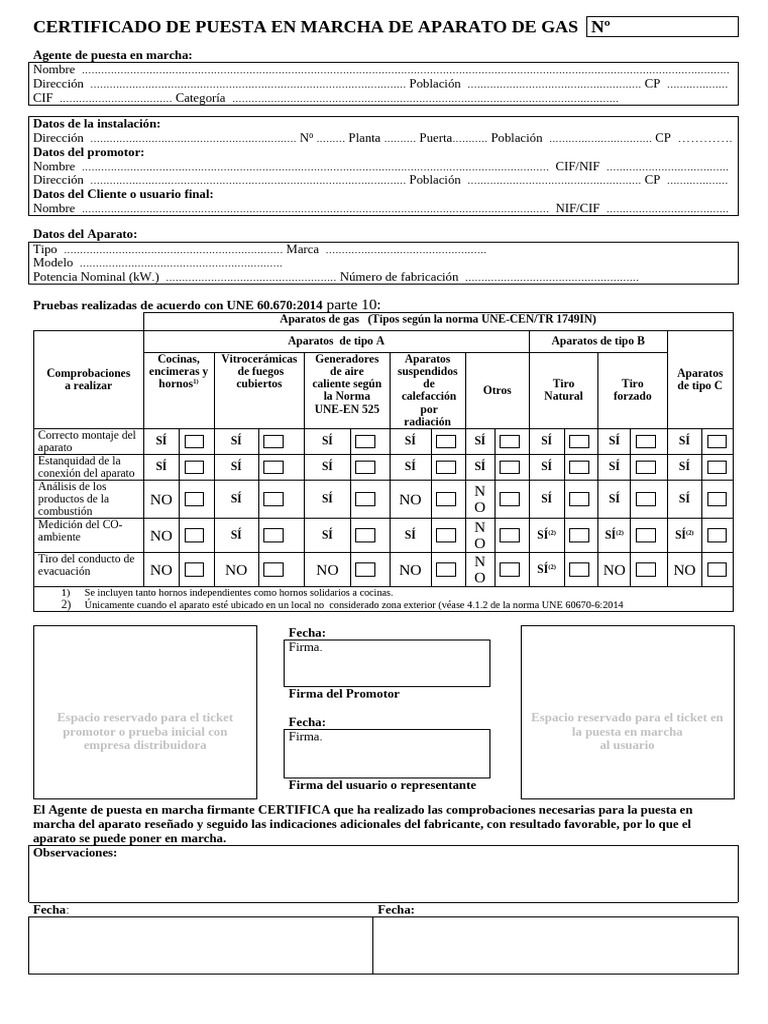 2018 01 17 Modelo Certificado Puesta Marcha Une 60670 10 2014 | PDF