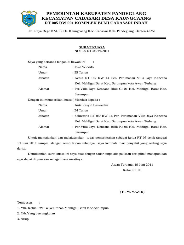 Contoh Surat Mandat Dari RT Kepada Sekretaris | PDF