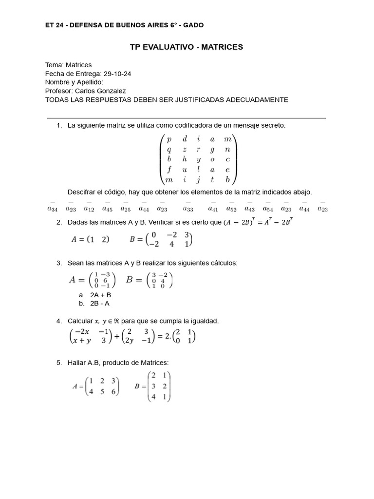 TP - Matrices - 6°5° | PDF | Métodos y materiales de enseñanza