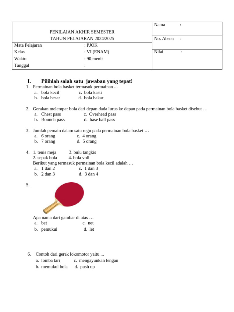 SOAL k13 PAS PJOK KELAS VI & Kunci Jawaban | PDF