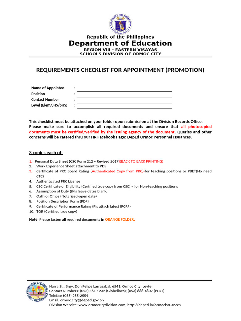 Requirements Checklist (Promotion) | PDF | Career & Growth